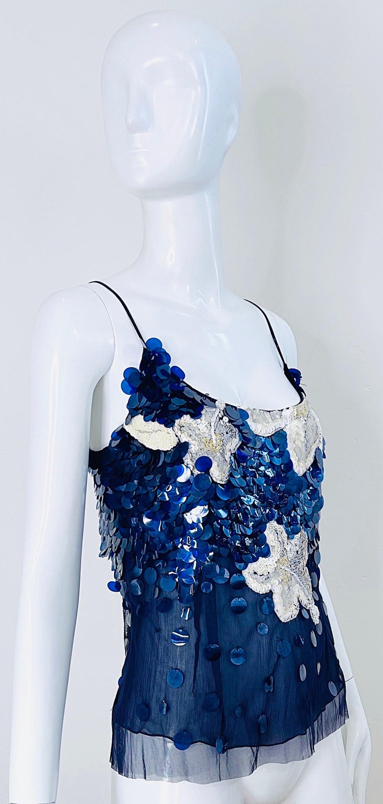 NWT Alberta Ferretti Size 8 Navy Blue White Sequin Paillettes Silk ...