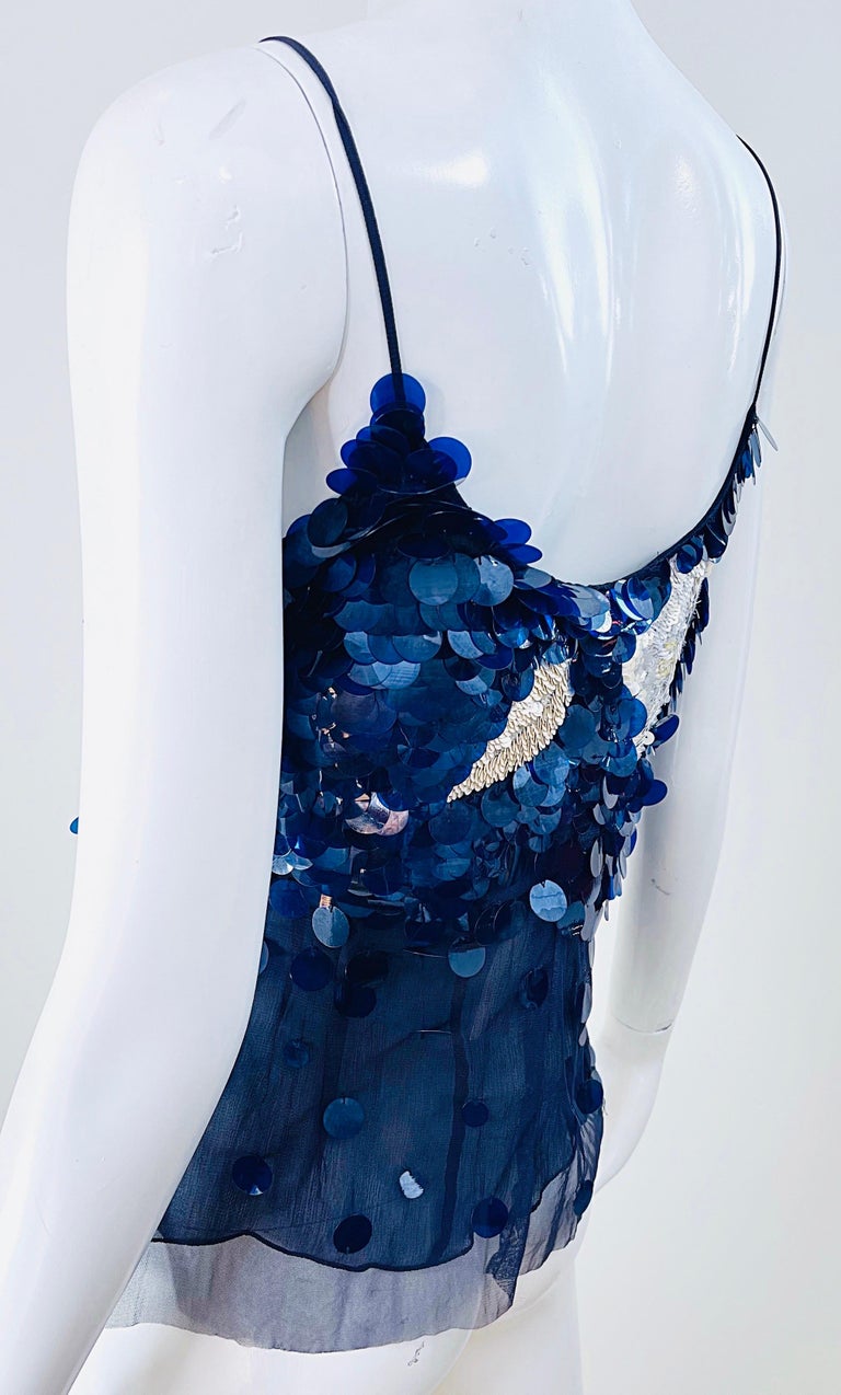 NWT Alberta Ferretti Size 8 Navy Blue White Sequin Paillettes Silk ...