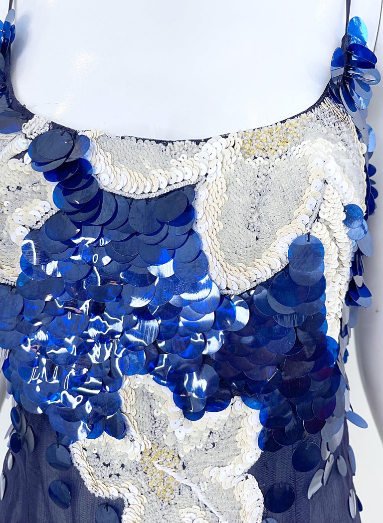 NWT Alberta Ferretti Size 8 Navy Blue White Sequin Paillettes Silk ...