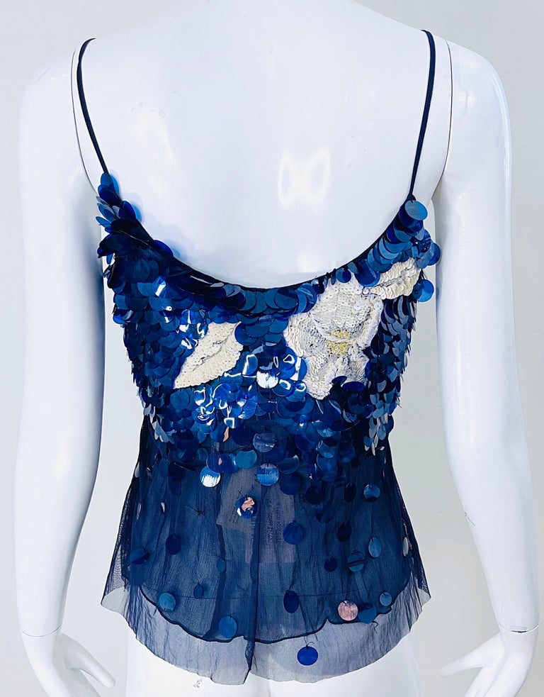 NWT Gianfranco Ferre Size 8 Navy Blue White Sequin Paillettes Silk ...