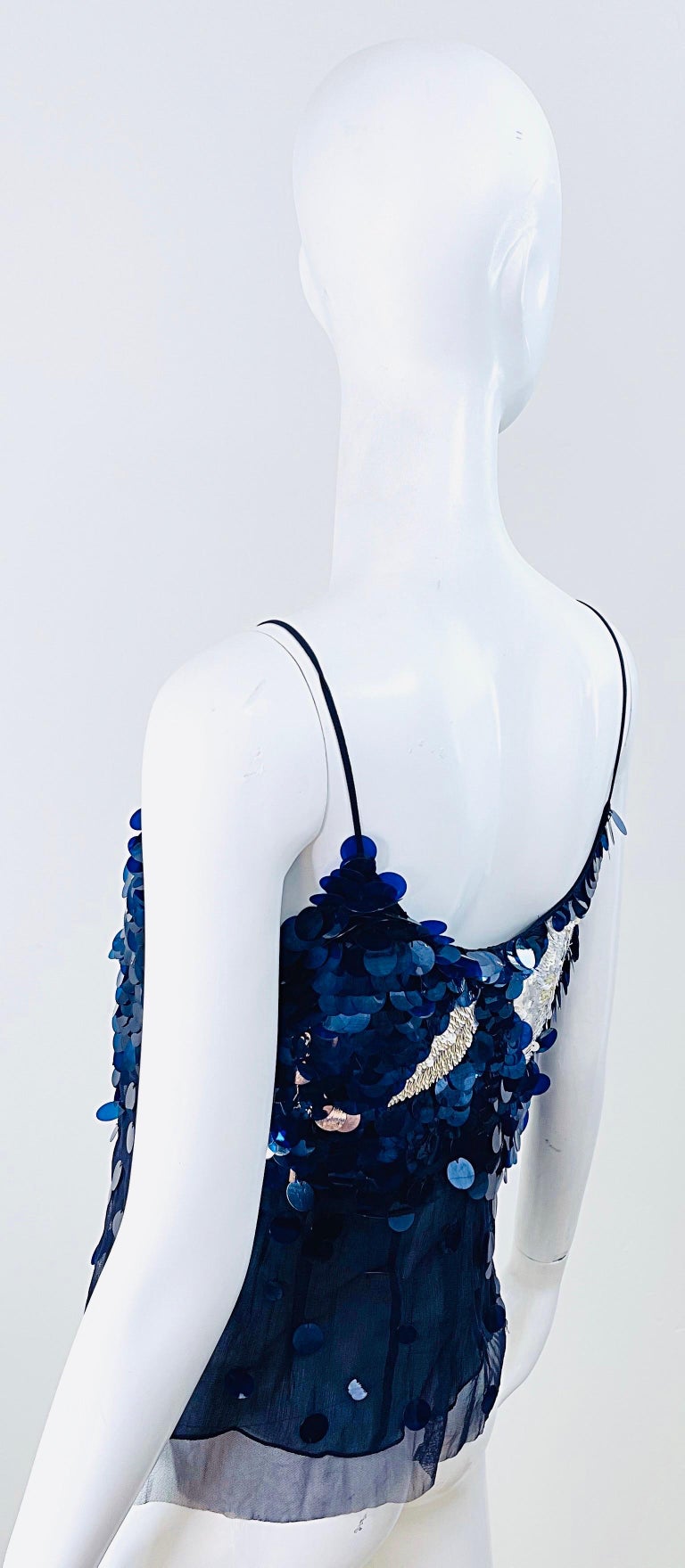 NWT Alberta Ferretti Size 8 Navy Blue White Sequin Paillettes Silk ...