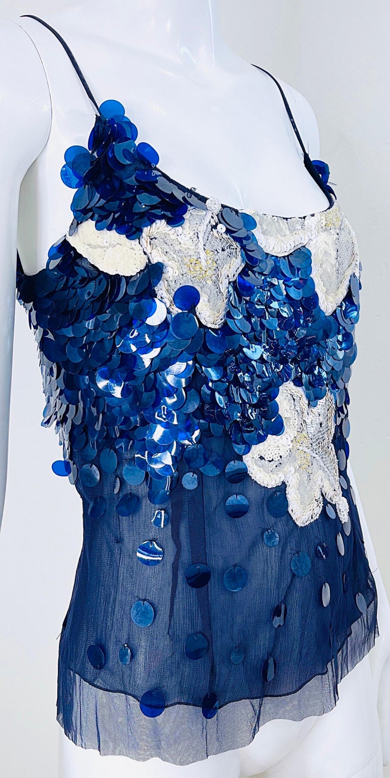 NWT Alberta Ferretti Size 8 Navy Blue White Sequin Paillettes Silk ...