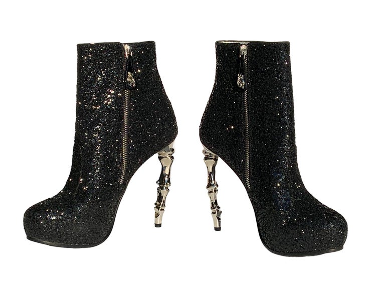 NWT Dsquared Black Finger Bone Heel Platform Glitter Ankle Boots ...
