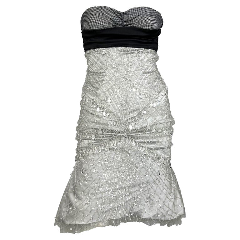 NWT F/W 2005 Gucci Runway Silver Crystal Beaded Bustier Flare Mini ...