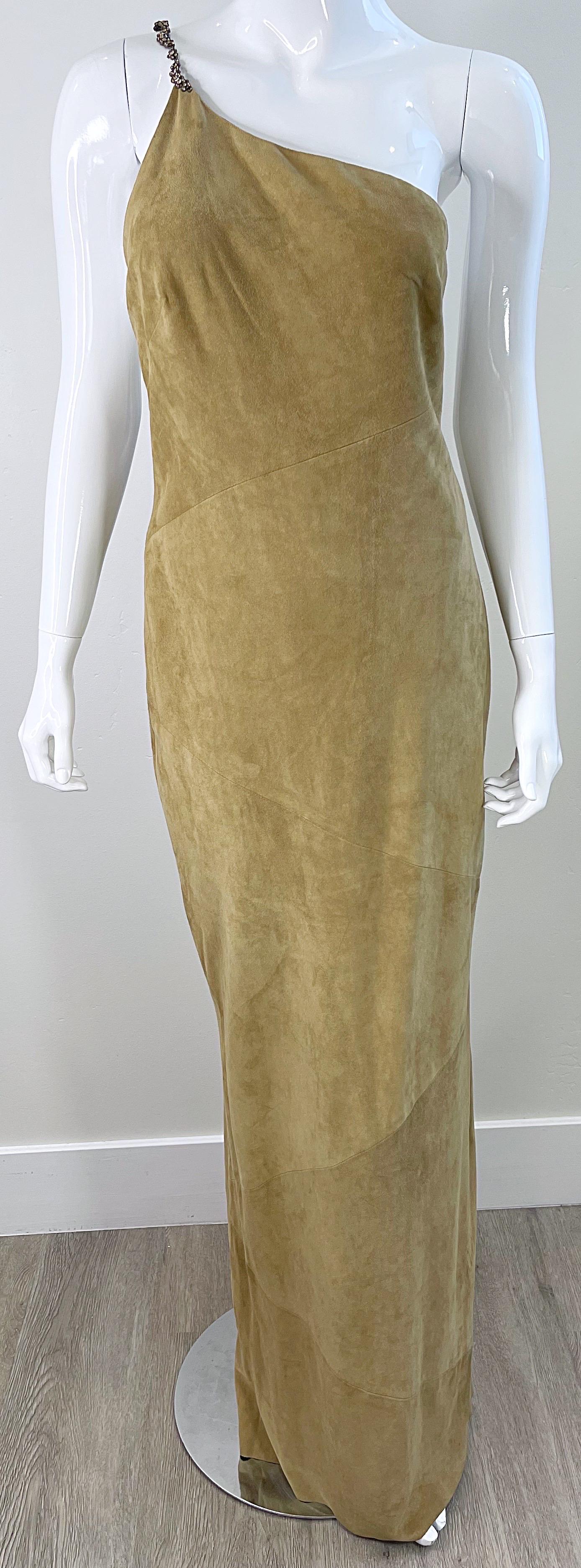 NWT Pamela Dennis Couture Suede Leather Tan One Shoulder Rhinestone ...