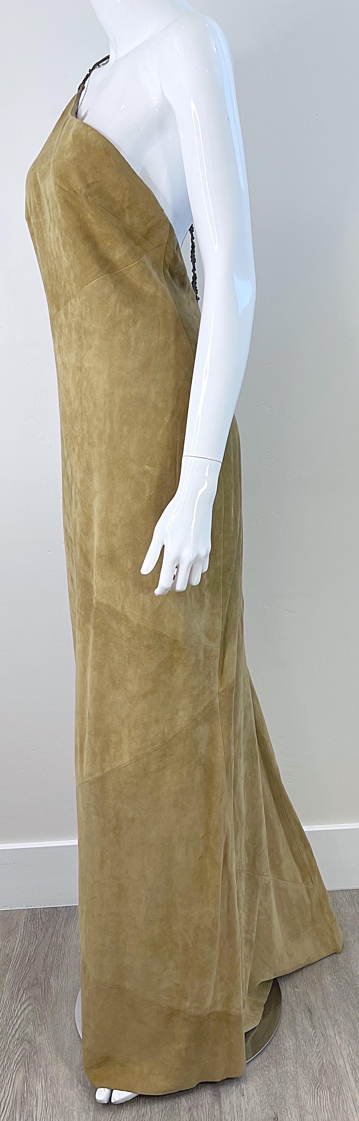 NWT Pamela Dennis Couture Suede Leather Tan One Shoulder Rhinestone ...