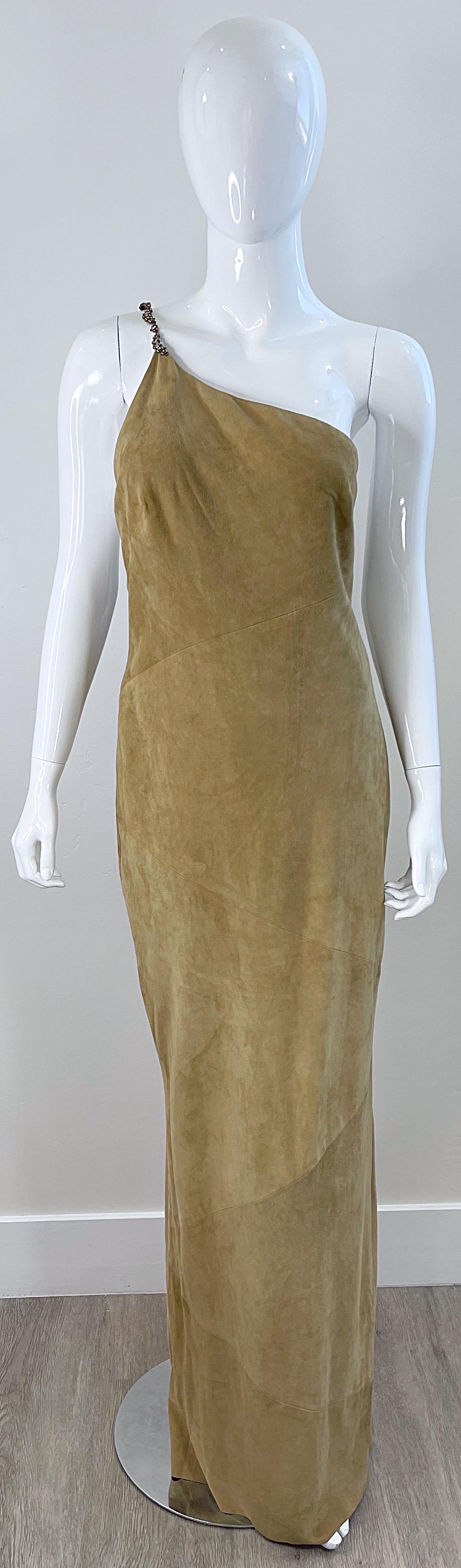 NWT Pamela Dennis Couture Suede Leather Tan One Shoulder Rhinestone ...