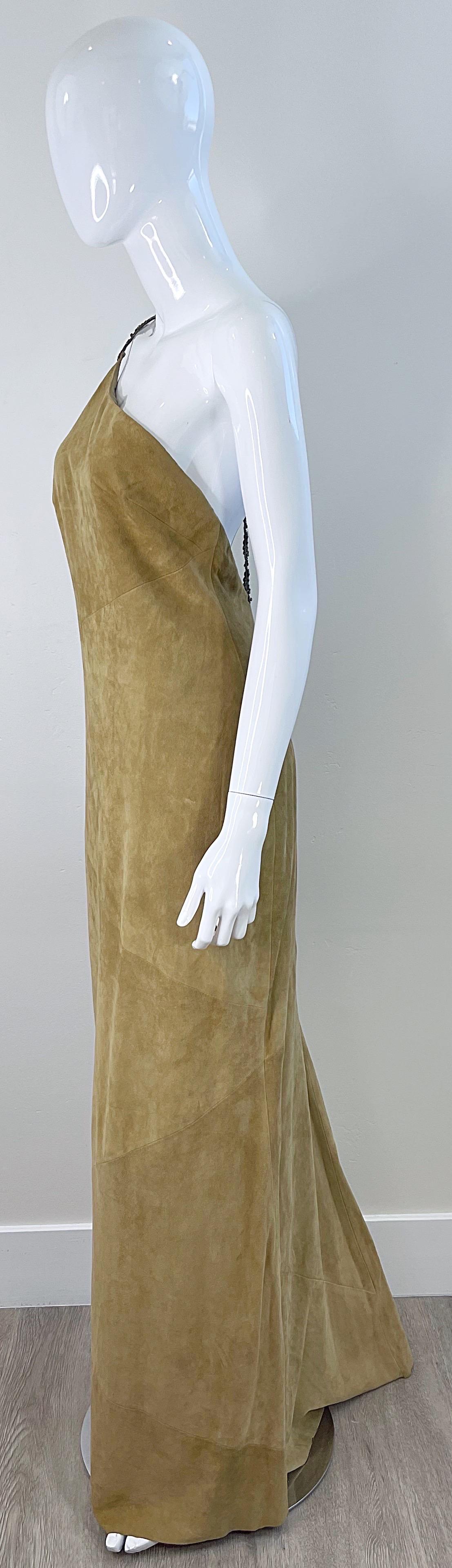NWT Pamela Dennis Couture Suede Leather Tan One Shoulder Rhinestone ...