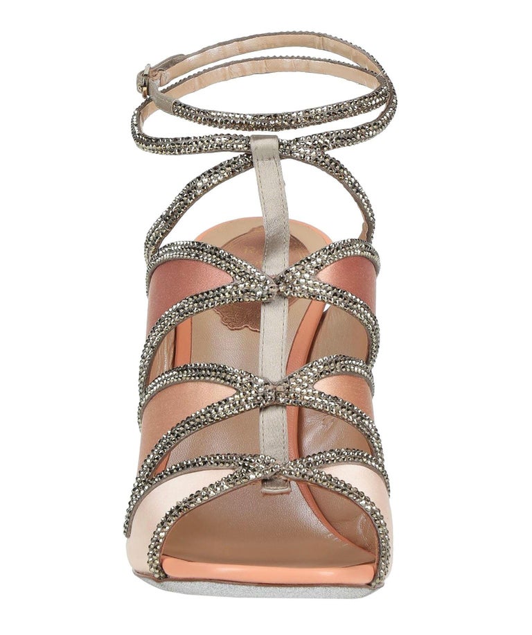 NWT Rene Caovilla Phard Nude Satin Crystal Embellished Shoes Sandals ...