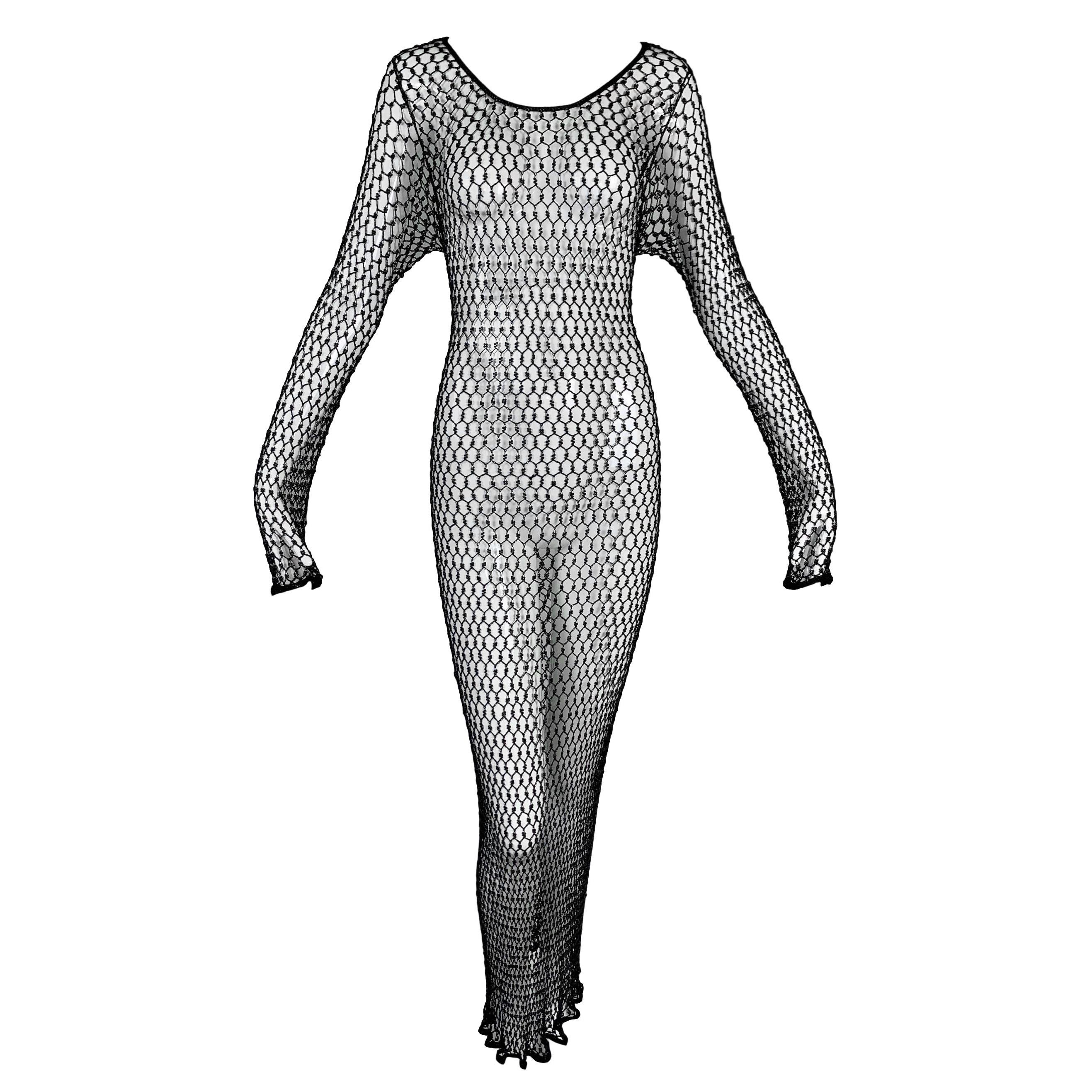 NWT S/S 1999 Yves Saint Laurent Sheer Beaded Fishnet Knit Long Dress ...