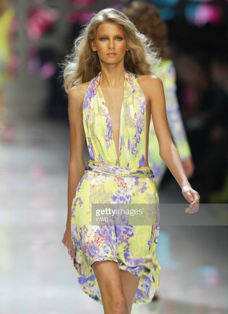 NWT S/S 2004 Versace by Donatella Yellow Orchid Floral Runway Dress For ...