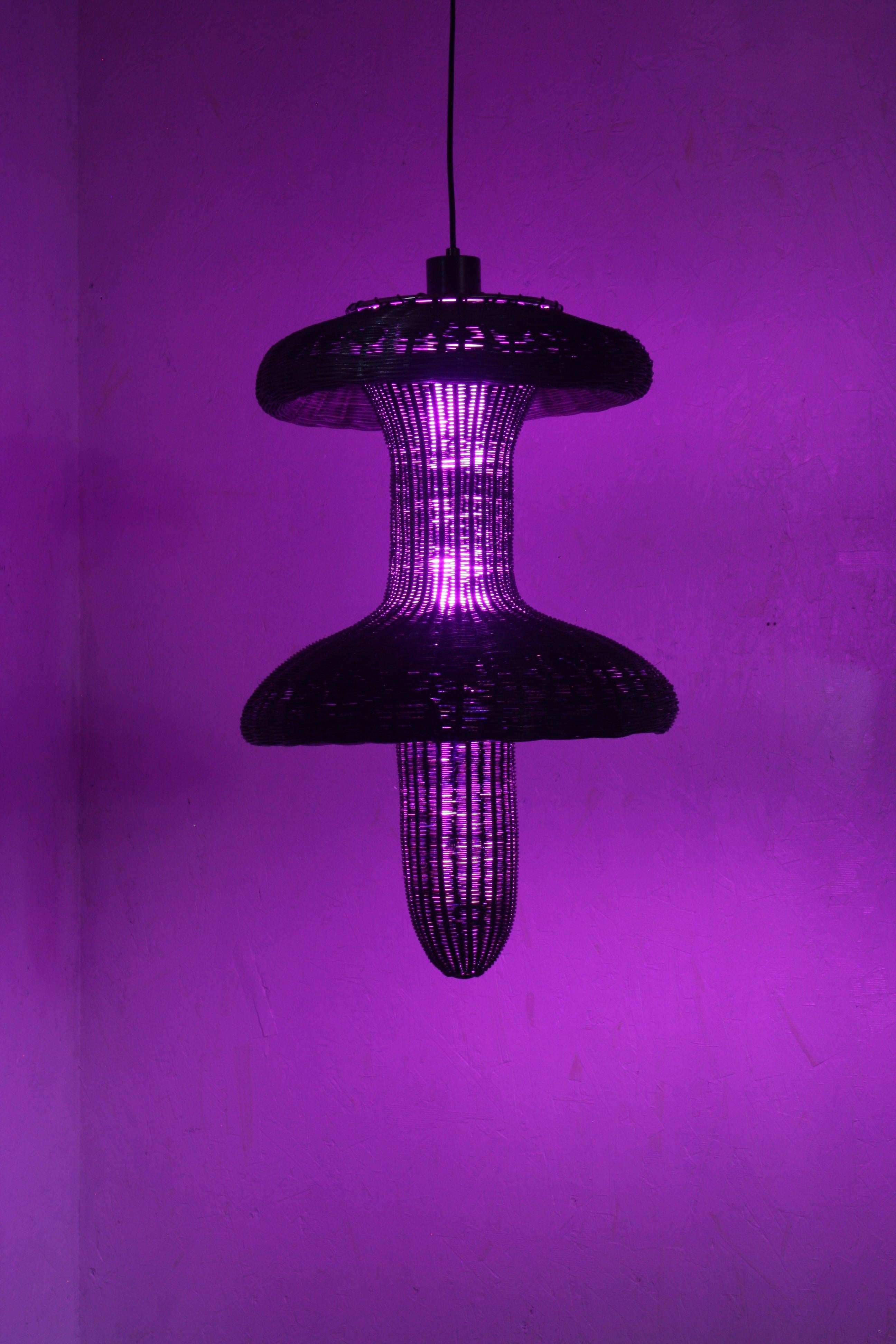 Nymph a Handwoven and Dyed Reed Pendant (two tier in black with neon ...