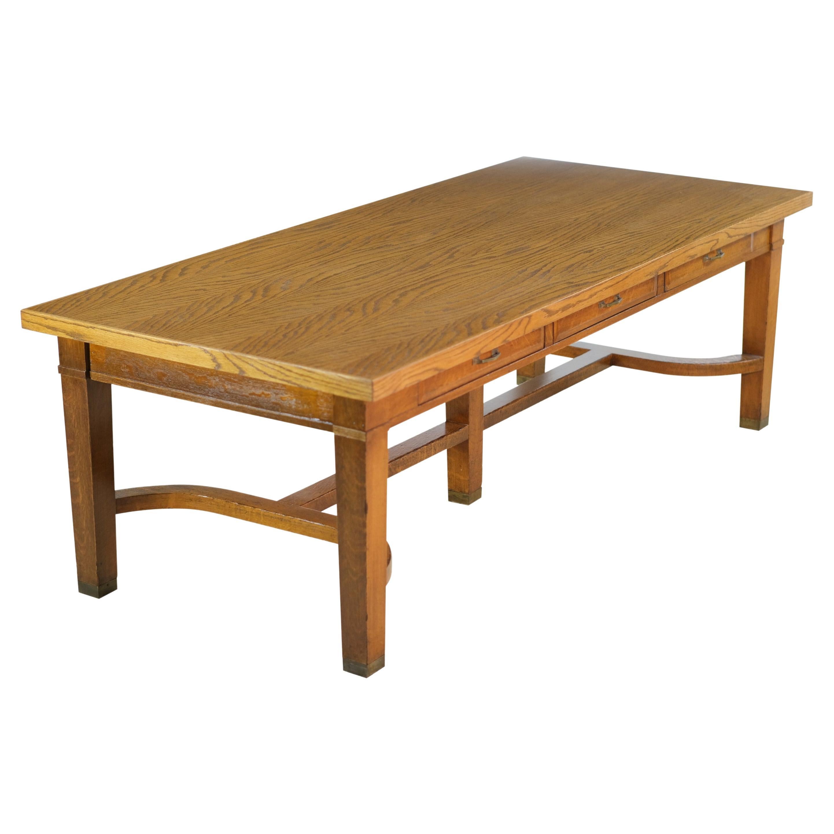 Oak 5 Leg Library Table 6 Drawers Brass Details Refinished For Sale at ...