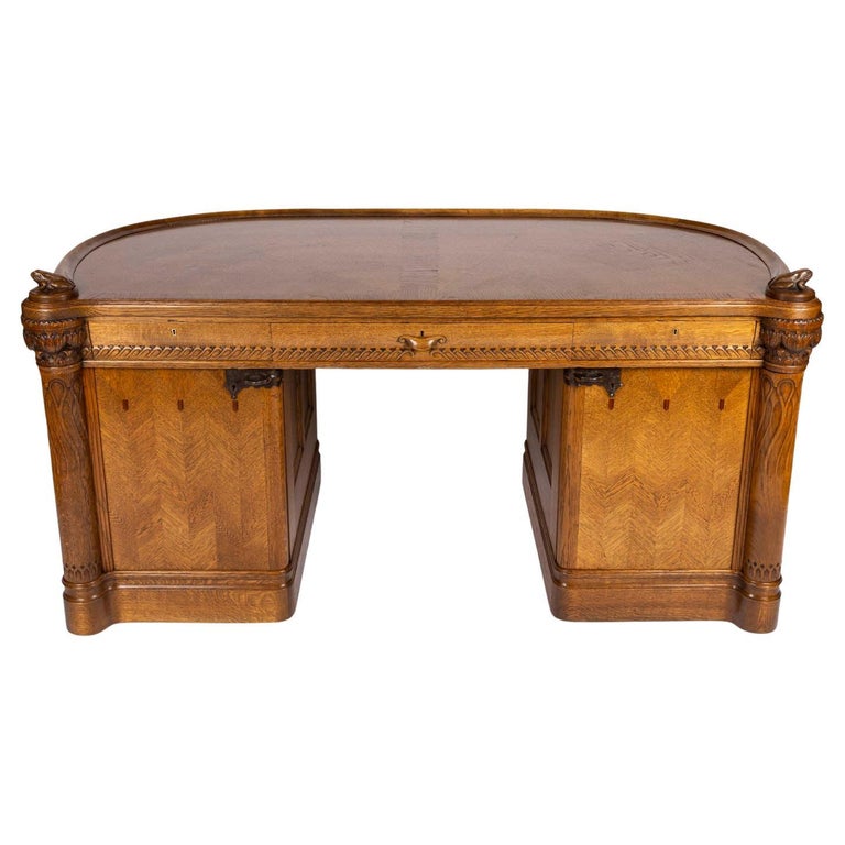 Oak and Walnut Pedestal Desk, with Carved Frogs, and Inlaid Decoration ...