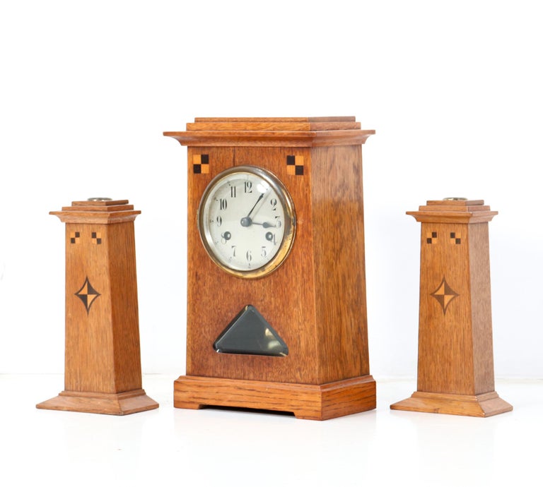 Oak Art Nouveau Jugendstil Clock Set, 1900s For Sale at 1stDibs
