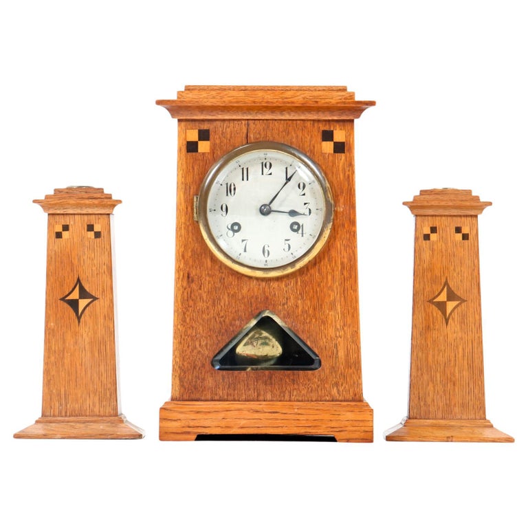 Oak Art Nouveau Jugendstil Clock Set, 1900s For Sale at 1stDibs