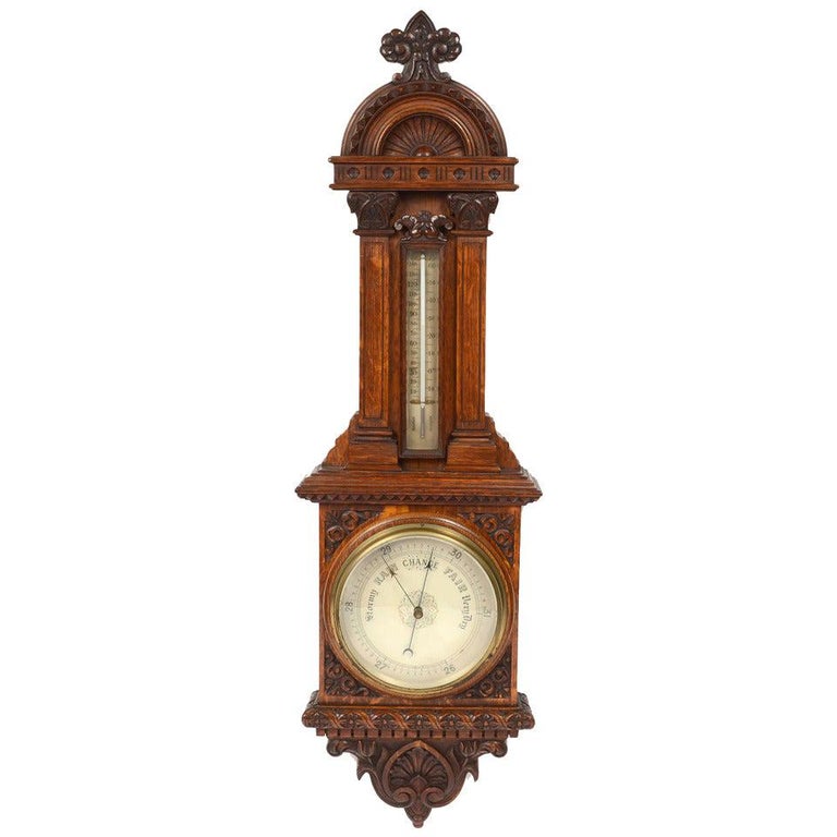 1900 Antique Oak Barometer Richly Carved, Antique Weather Forecast ...