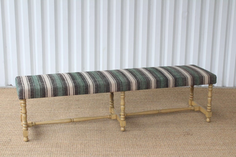 Oak Bench Upholstered in a Vintage Wool Striped Turkish Kilim at 1stDibs