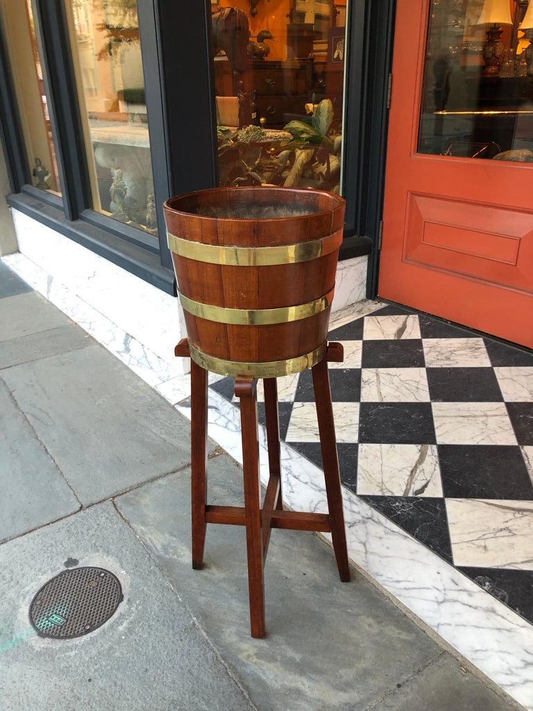 Oak Brass Bound English Bucket on Stand for Planter or Wine at 1stDibs