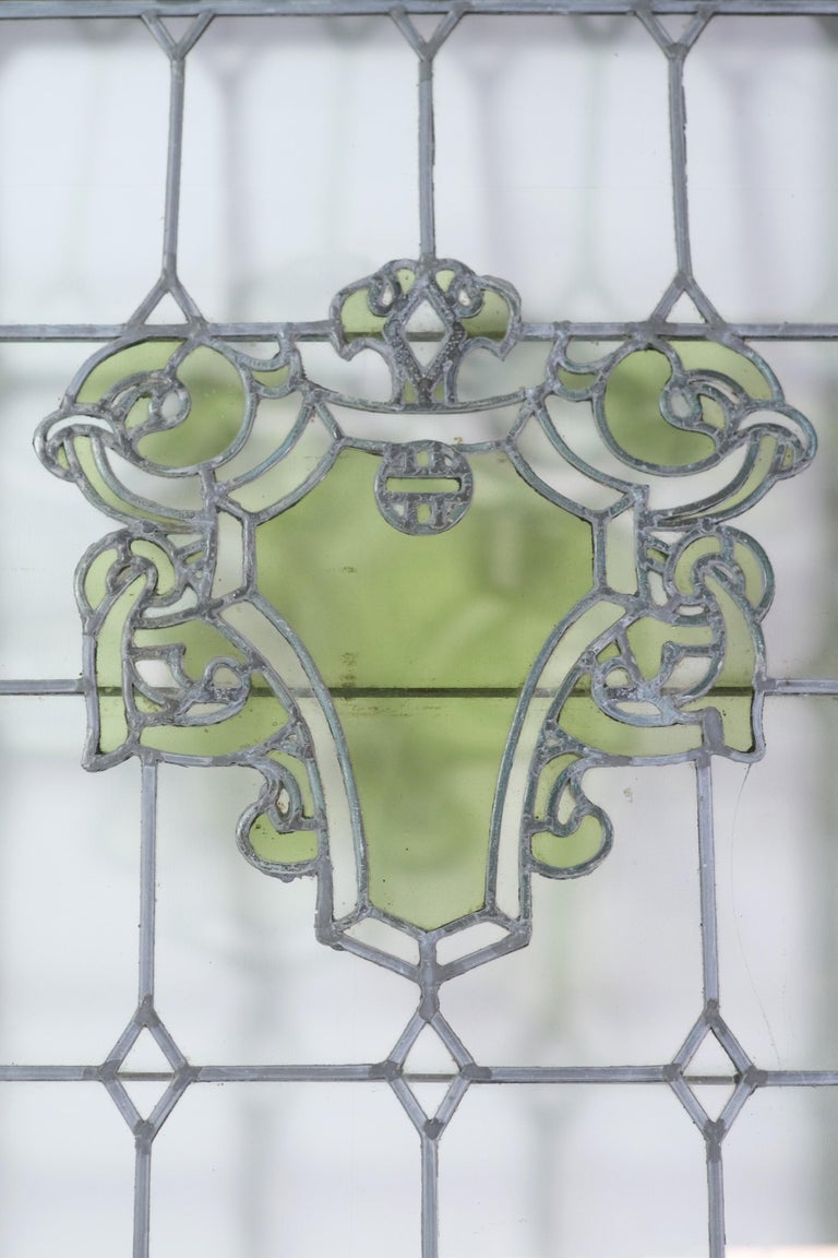 Oak Frame Leaded Glass Double Doors with Green Motif Design For Sale at ...