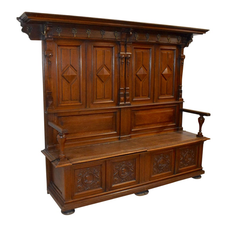 Oak High Back Bench with Storage and Coat Rack, circa 1900 For Sale at ...
