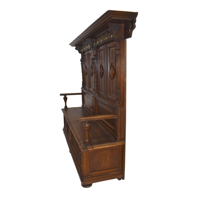 Oak High Back Bench with Storage and Coat Rack, circa 1900 For Sale at ...