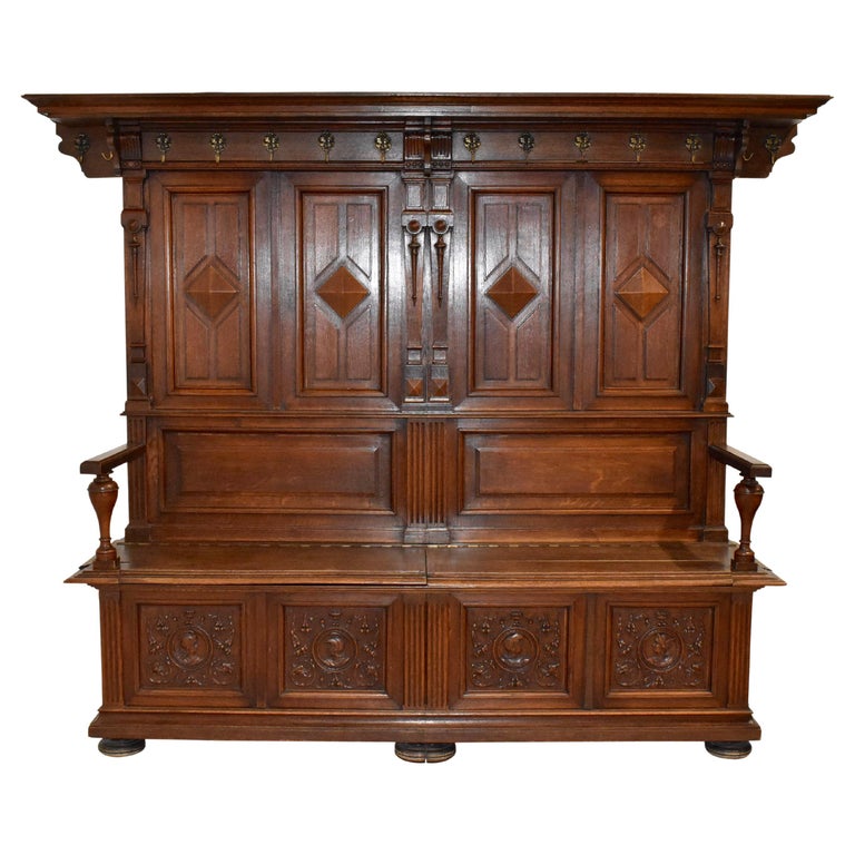 Oak High Back Bench with Storage and Coat Rack, circa 1900 For Sale at ...