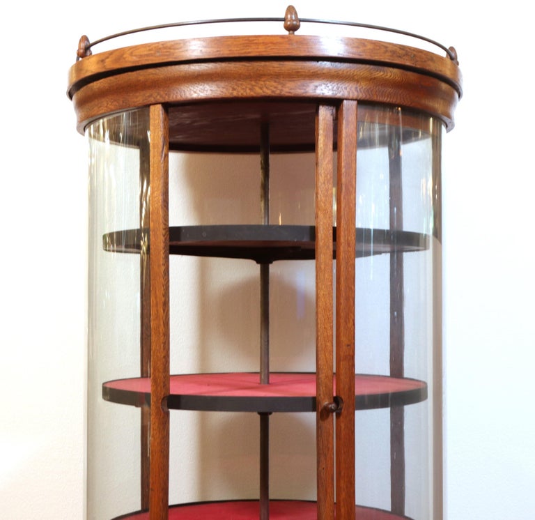 Oak Round Revolving Display Case w/ 3 Shelves and Spindle Legs, Antique ...