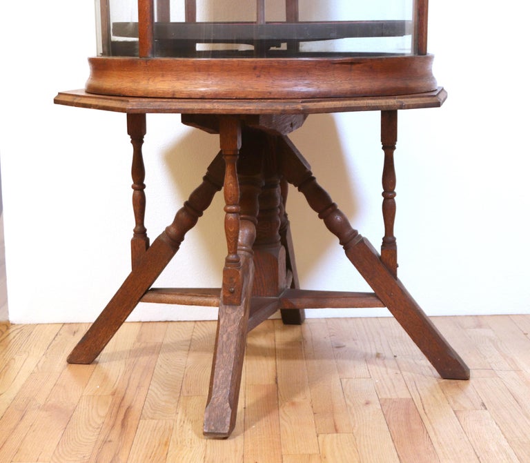 Oak Round Revolving Display Case w/ 3 Shelves and Spindle Legs, Antique ...