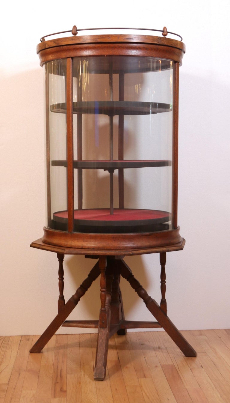 Oak Round Revolving Display Case w/ 3 Shelves and Spindle Legs, Antique ...