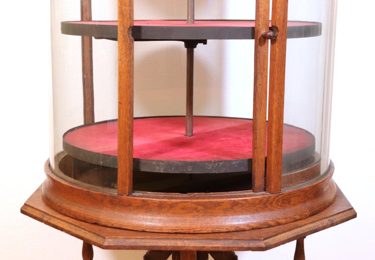 Oak Round Revolving Display Case w/ 3 Shelves and Spindle Legs, Antique ...