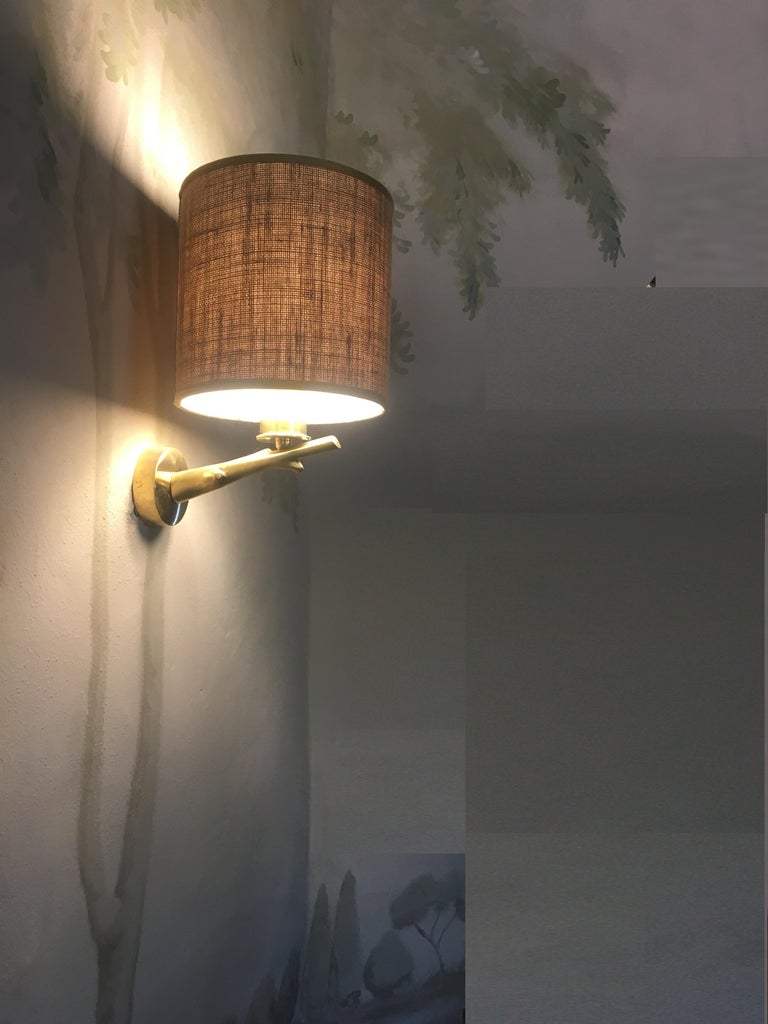 Oak wall light with casting brass structure and fabric lamp shade For ...