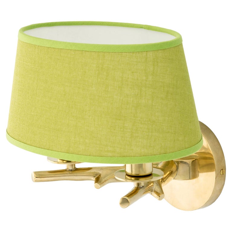 Oak Wall Light with Casting Brass Structure and Fabric Lamp Shade For ...