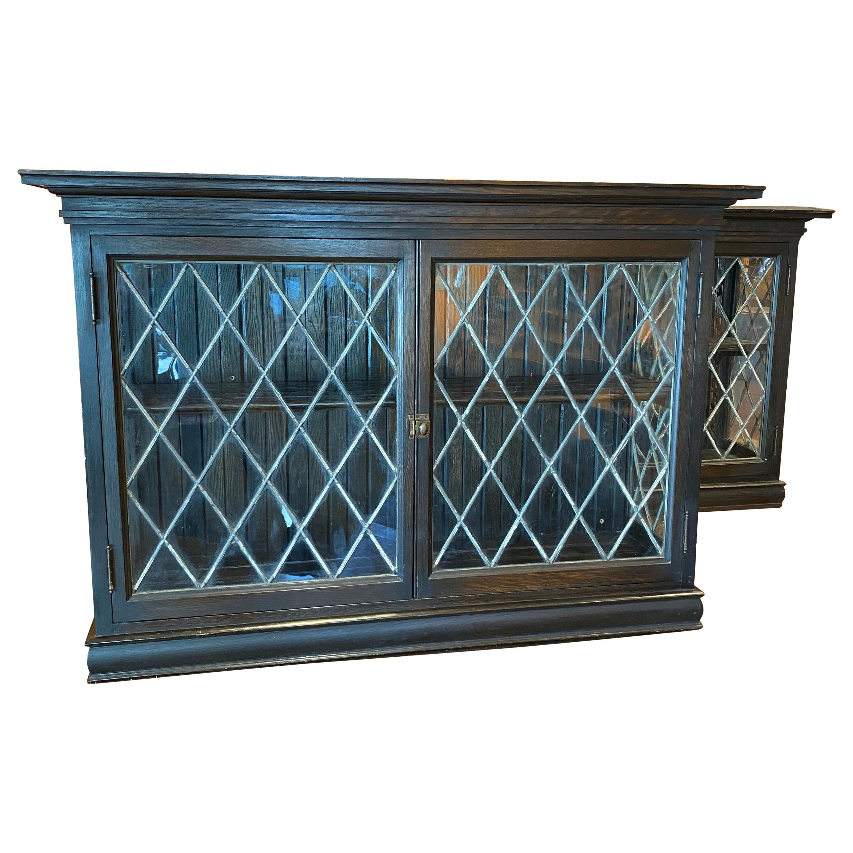 Oak Wall Mount Cabinets with Lead Glass Doors and Sides, Late 19th ...