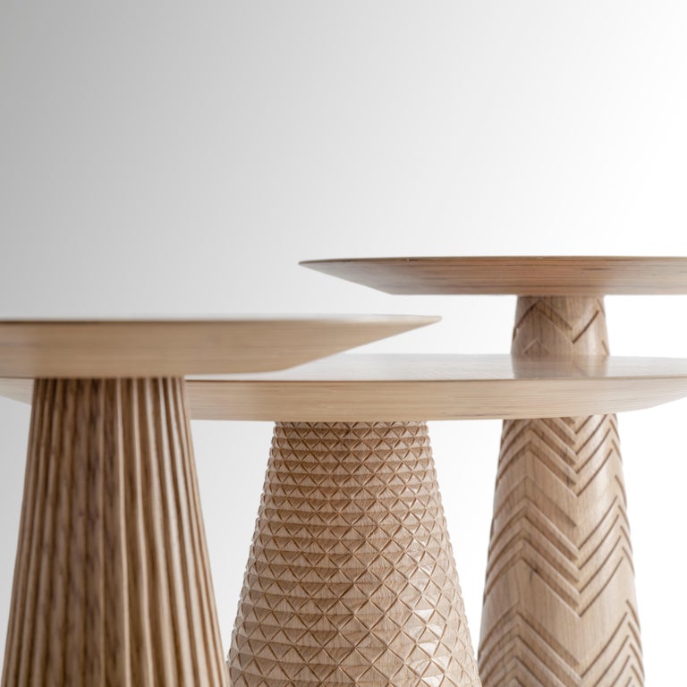 Oak Wood Coffee Table Set Engraved with Patterns Inspired from Ancient ...