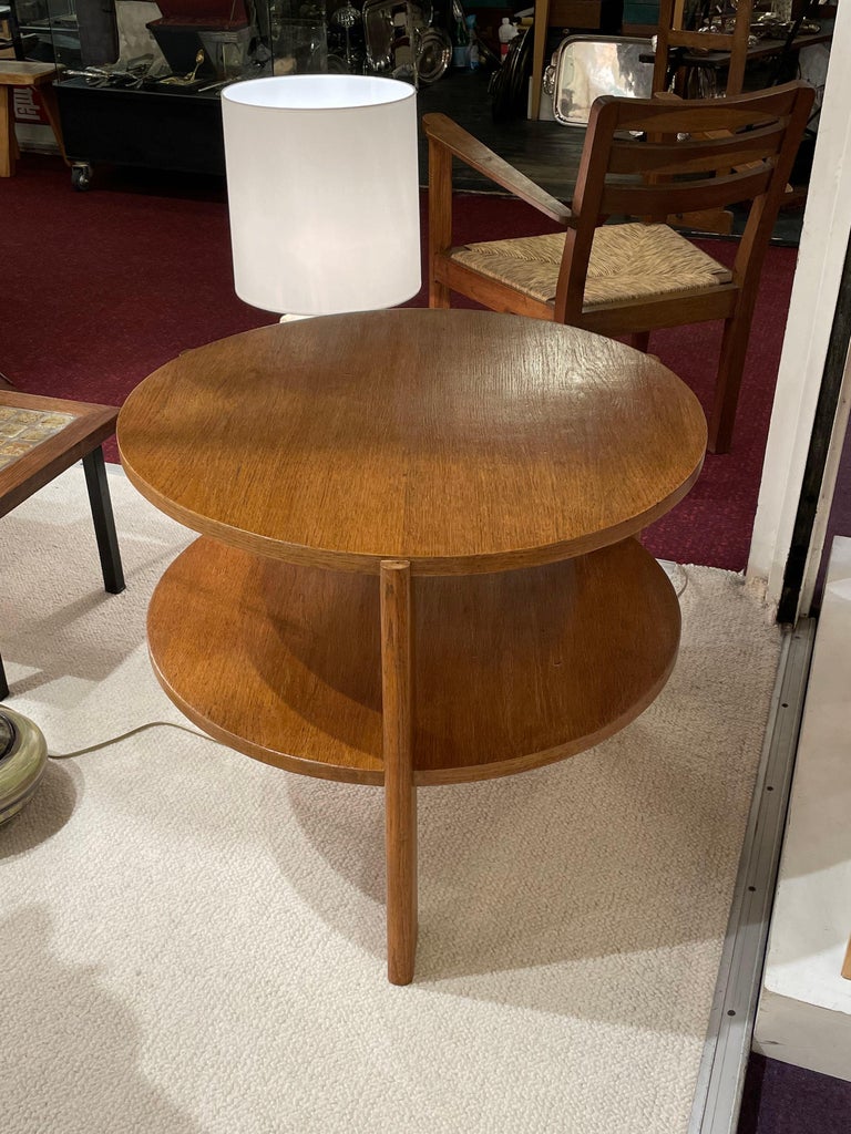 Oak Wood Round Two Tier Side Table, France, Mid Century at 1stDibs