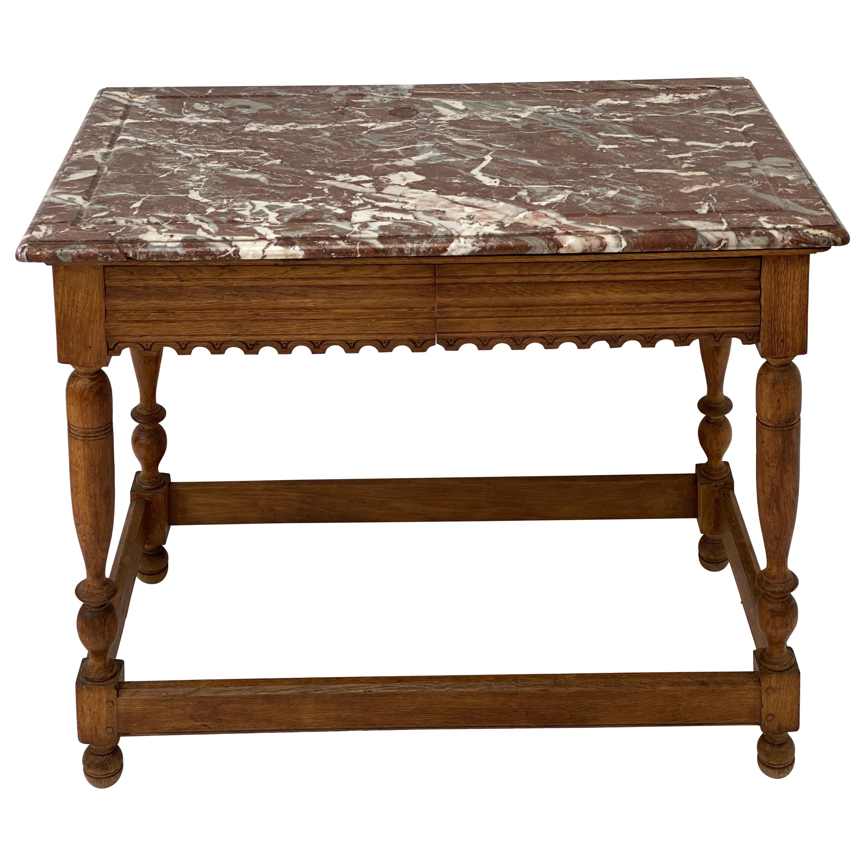French Regence Oak Center Table with Marble Top For Sale at 1stDibs