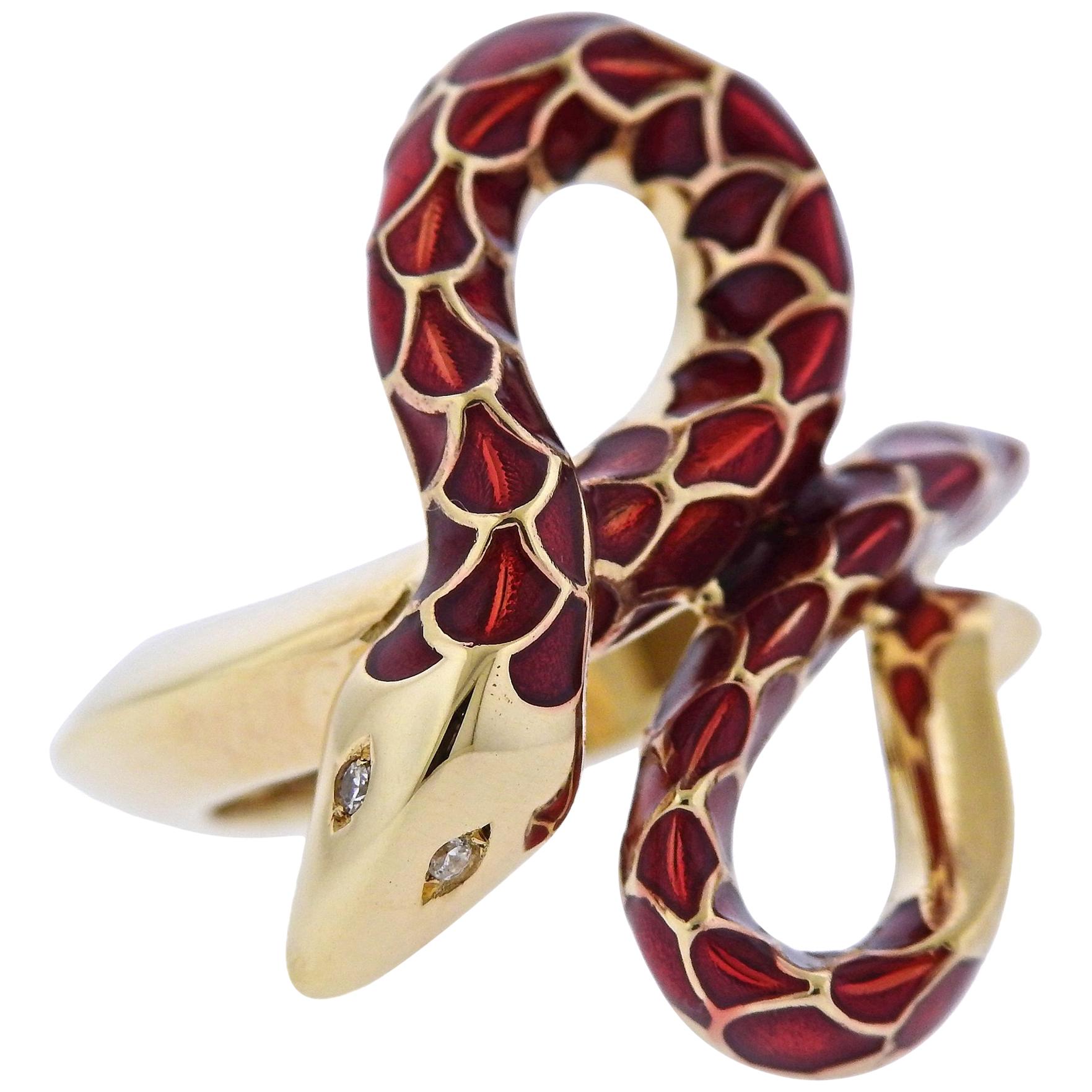 Oakgem Diamond Red Enamel Gold Snake Ring at 1stDibs | red and gold ...