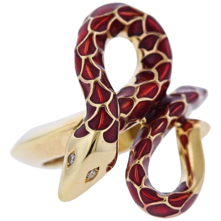 Oakgem Diamond Red Enamel Gold Snake Ring at 1stDibs | red and gold ...