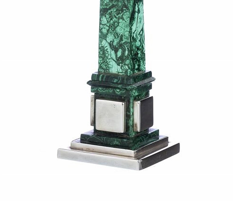 Obelisk in Malachite with Silver Appliqués 20th Century For Sale at 1stDibs
