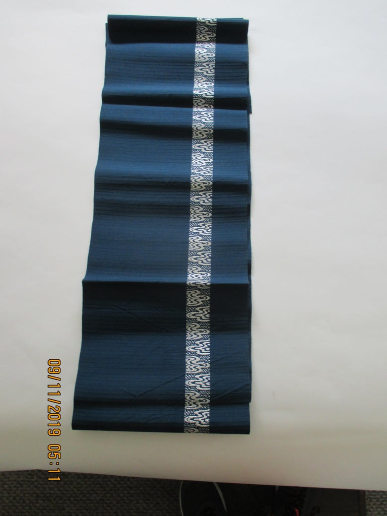 Obi Textile with Single Band of Geometric White Design For Sale at 1stDibs