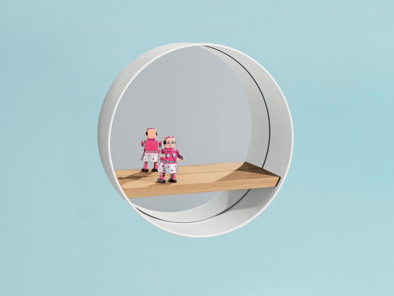 Oblò Mirror in Lacquered Aluminium, Oak and Clear Mirror by Discipline ...