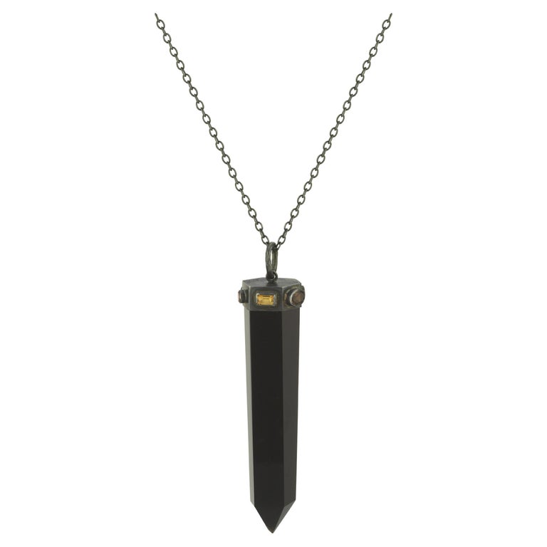 Silver Hand Carved Obsidian Obelisk Necklace with Tourmaline, Quartz ...