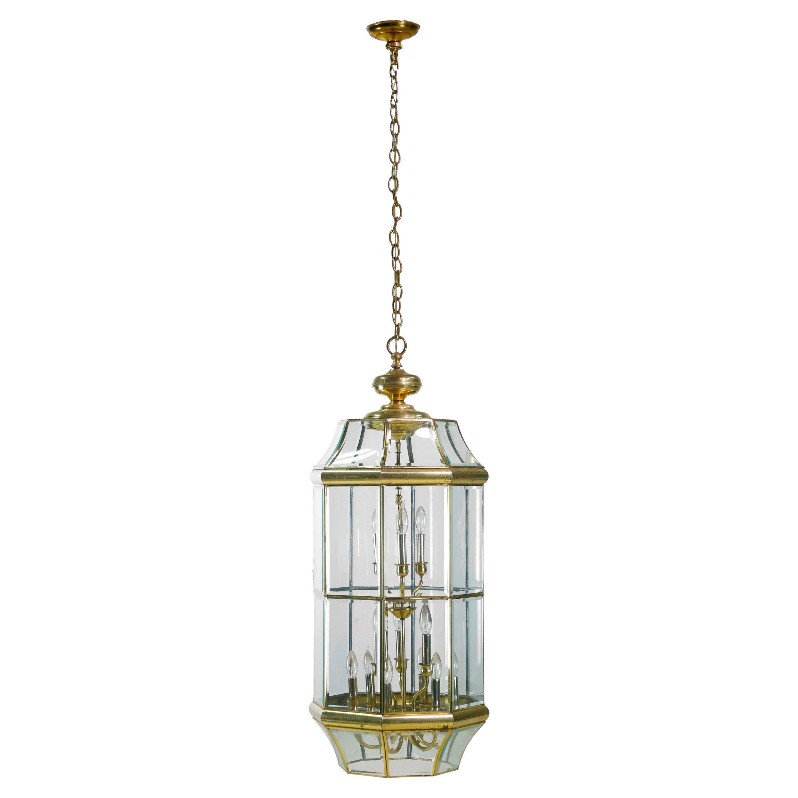 Octagon Beveled Glass and Brass Frame Pendant Lantern For Sale at 1stDibs