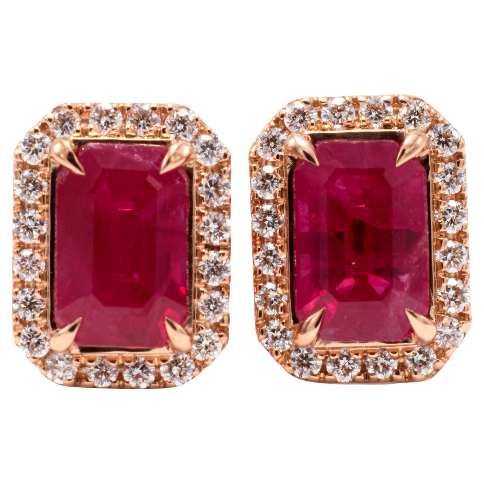 Octagon Ruby and Diamond Halo Rose Gold Stud Earrings Classic Elegant ...