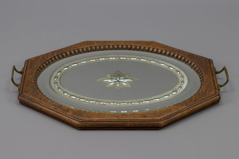 Octagonal Brown Wood Serving Tray with Oval Etched Mirror Base For Sale ...