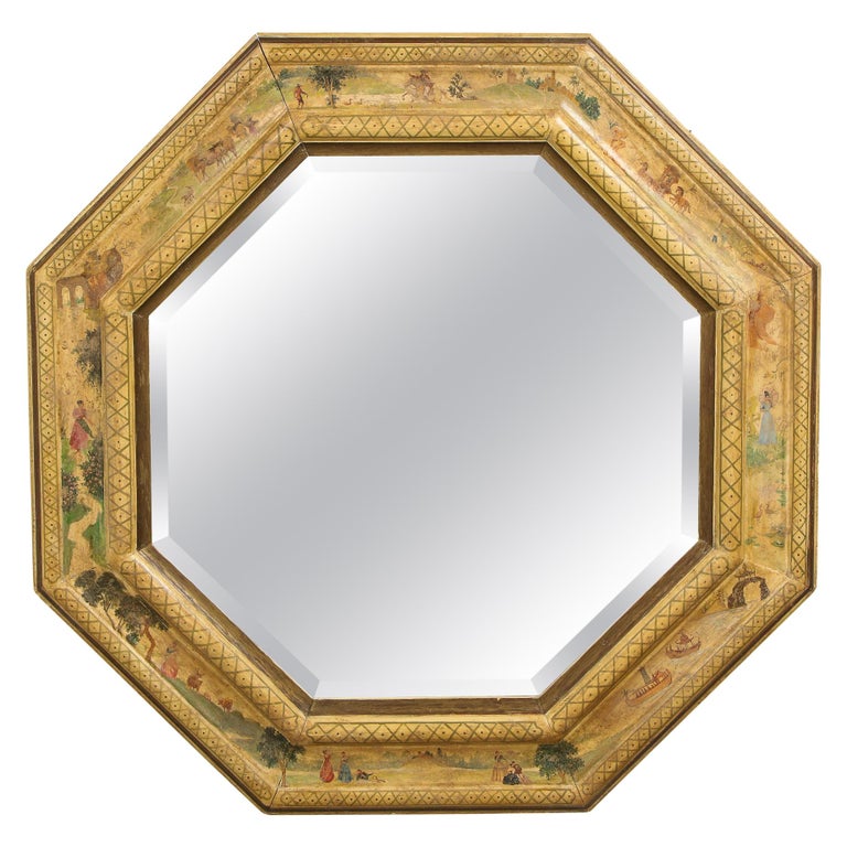 Octagonal Hand Painted and Gilt Mirror For Sale at 1stDibs