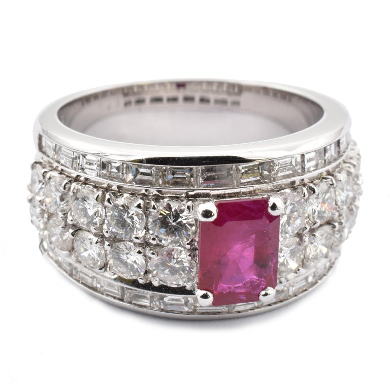 Octagonal Ruby with Round and Baguette Diamonds White Gold Ring Made in ...