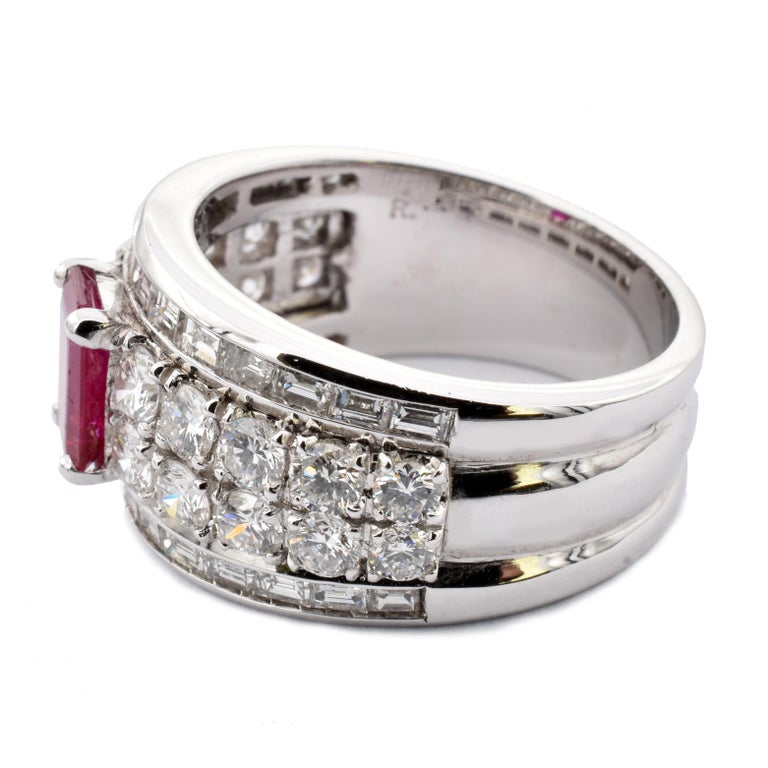 Octagonal Ruby with Round and Baguette Diamonds White Gold Ring Made in ...