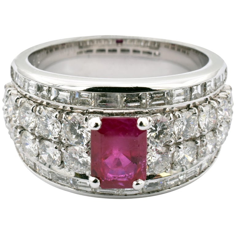 Octagonal Ruby with Round and Baguette Diamonds White Gold Ring Made in ...